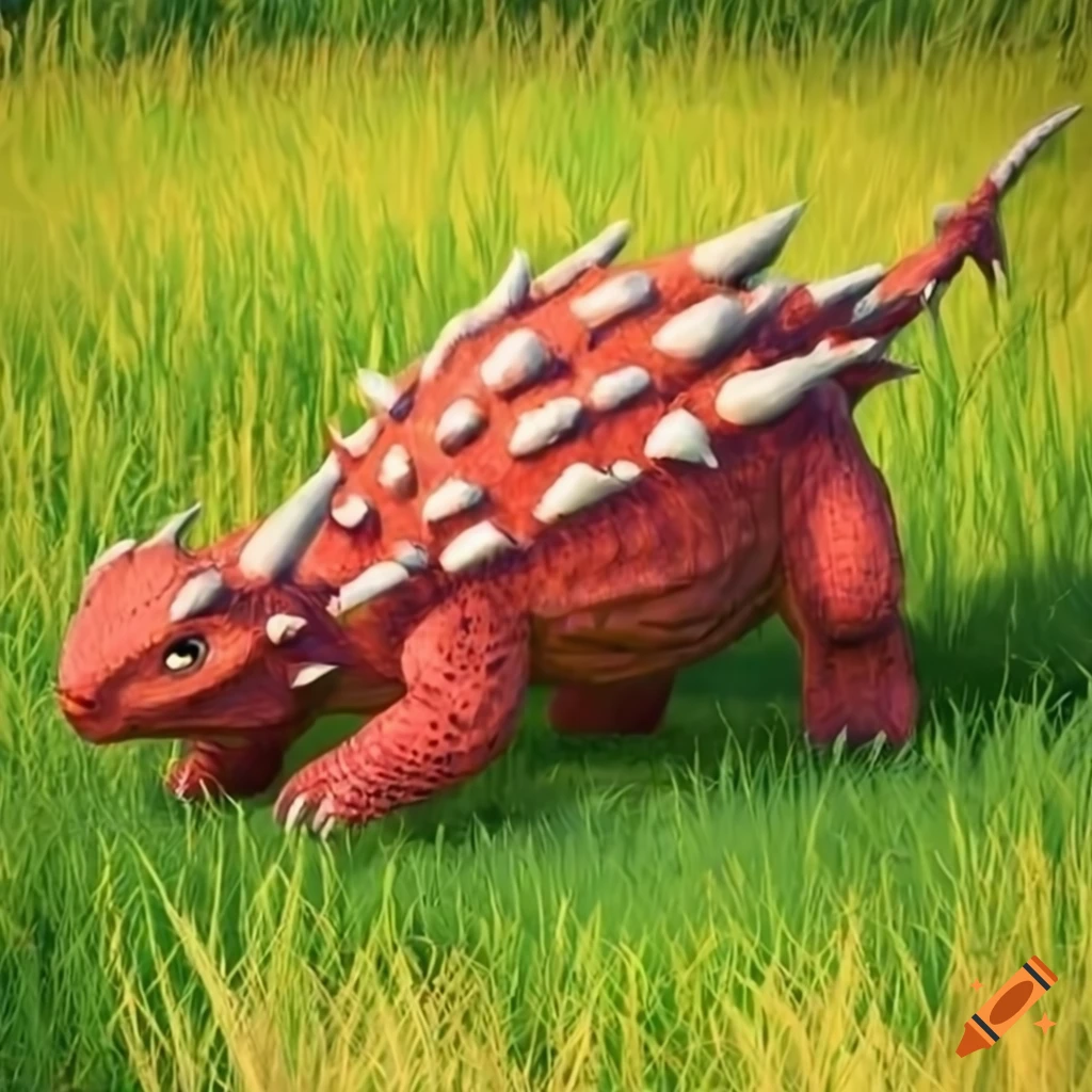 Image of a red ankylosaurus in tall grass on Craiyon