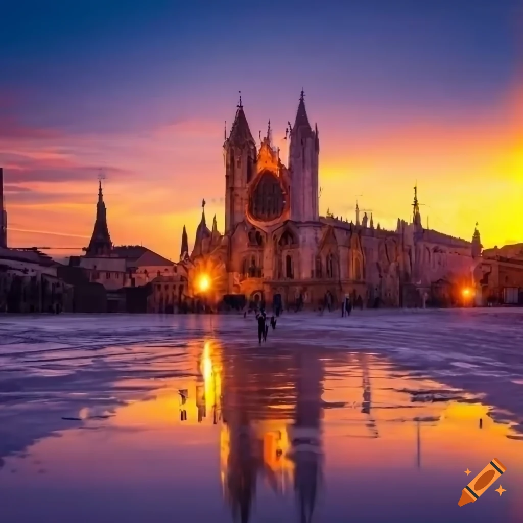 Snowy cathedral of león at sunset with picos de europa