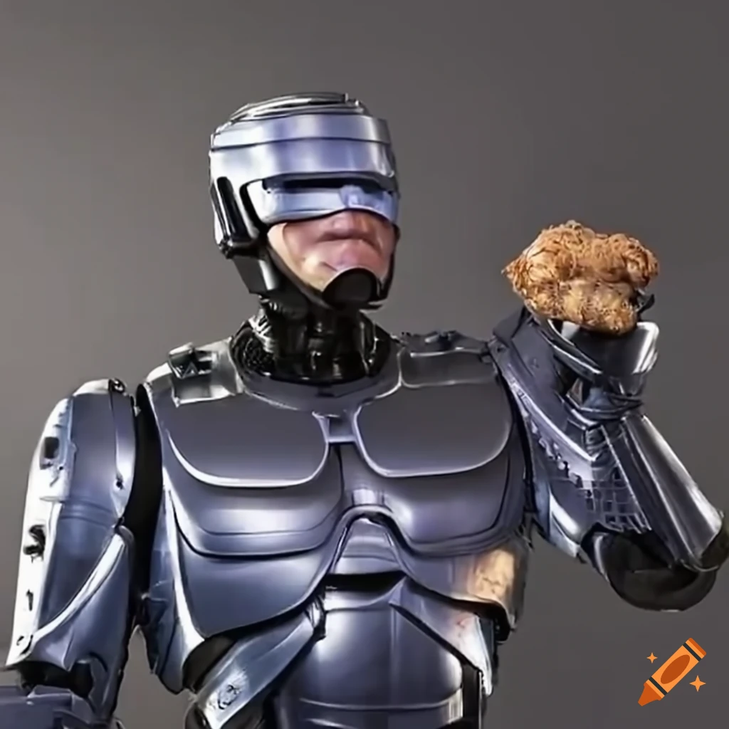 Humorous image of robocop enjoying fried chicken on Craiyon