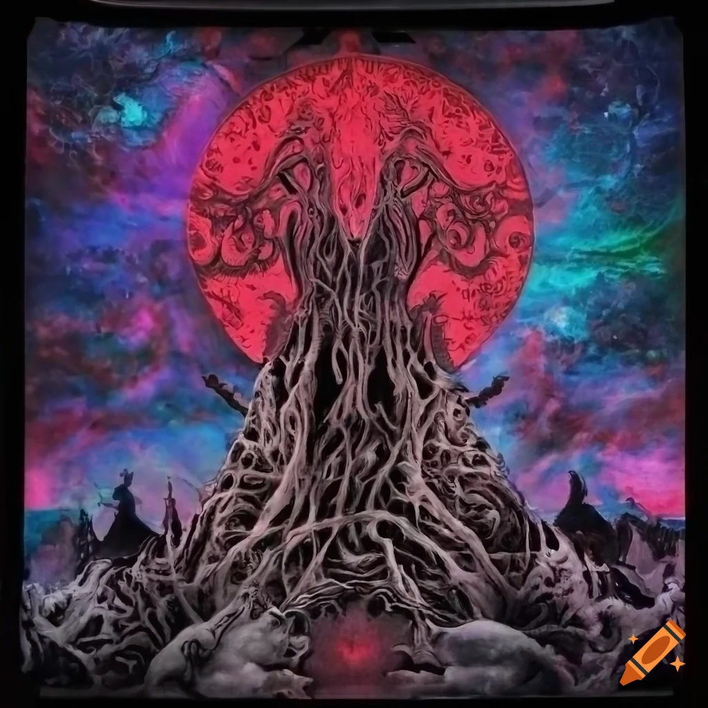 Intricate mural of a mythical tree and dragons on Craiyon