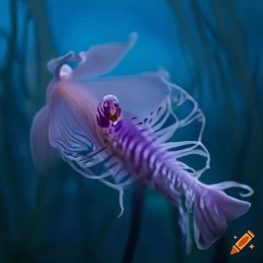 Otherworldly wild orchid sea creature in a dark blue sea on Craiyon