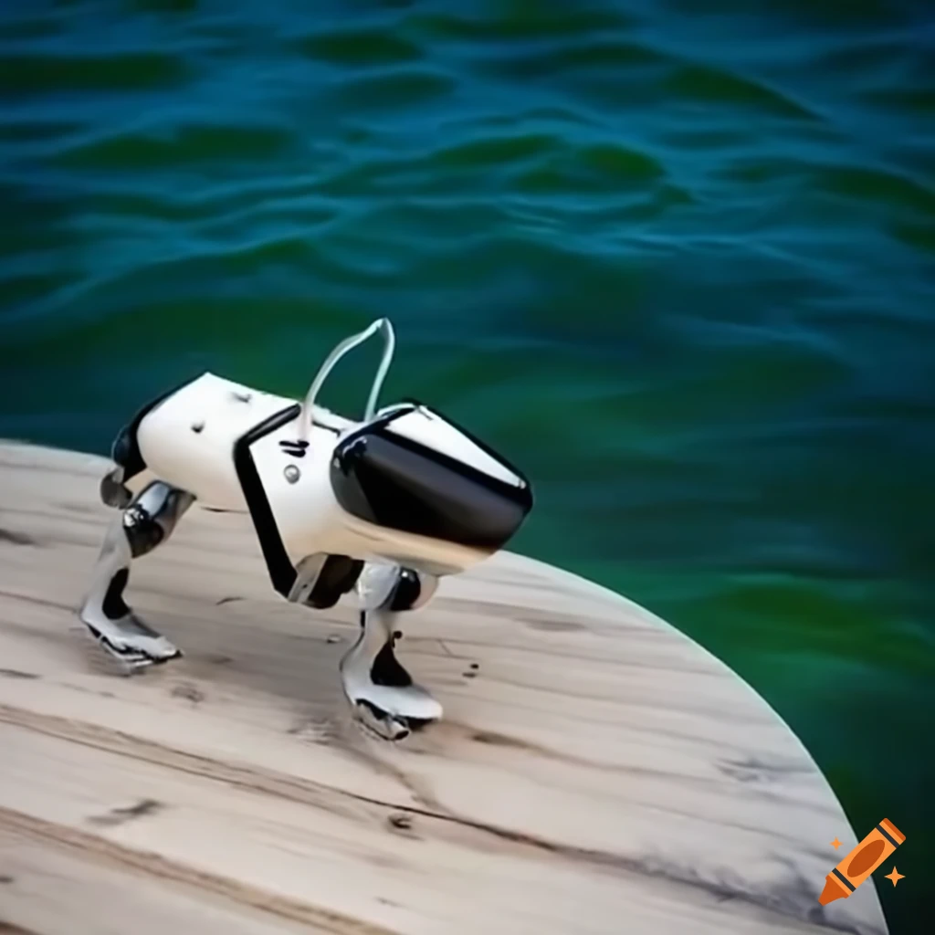 Robot dog riding a surfboard on Craiyon