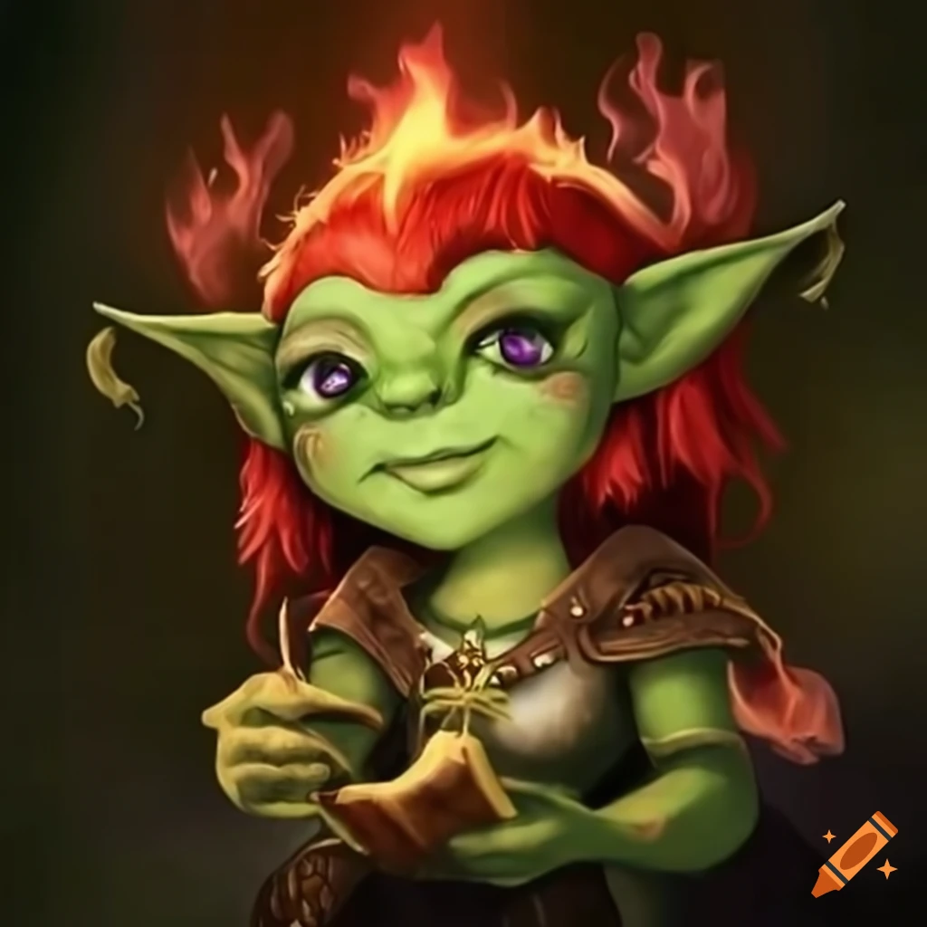 Image of a cute goblin druid summoning fire with magic
