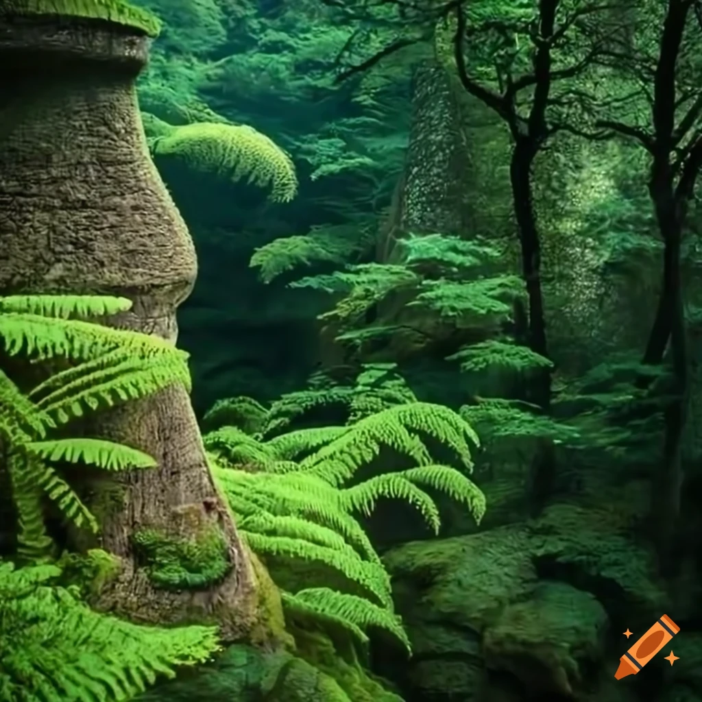 Stone medieval towers in a forest of giant ferns on Craiyon