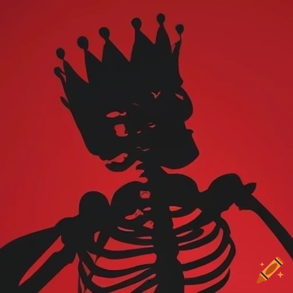 Red background with a skeleton wearing a crown on Craiyon