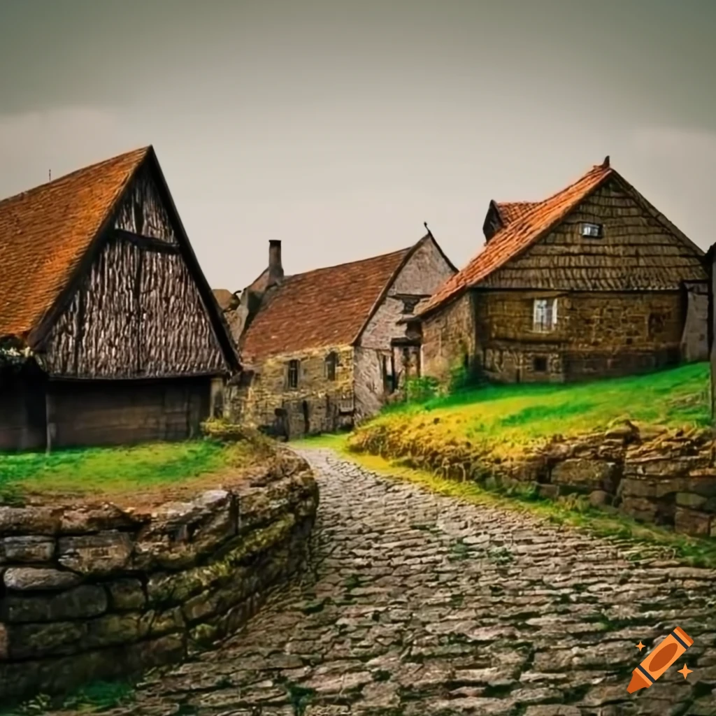 Photo of a medieval village surrounded by farmland on Craiyon