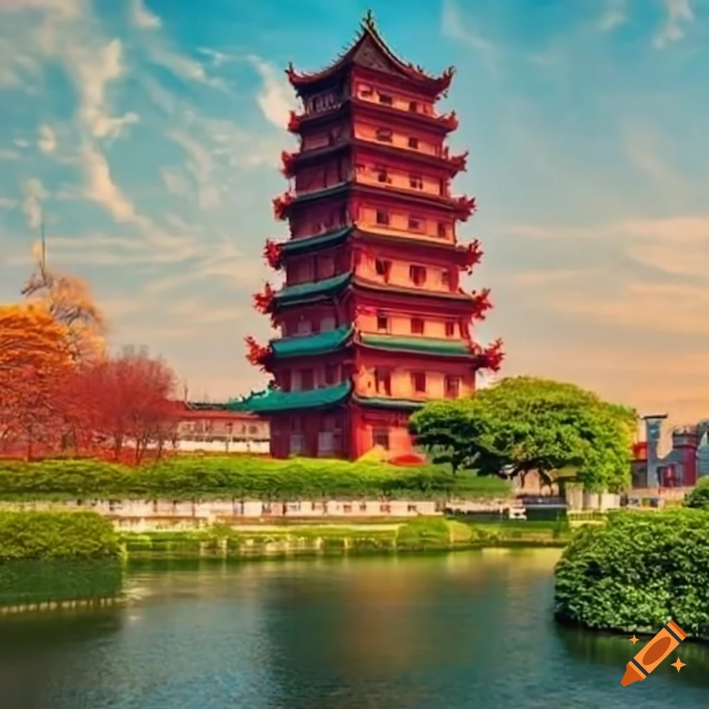 Red pagoda building with green hedges in harbor town on Craiyon