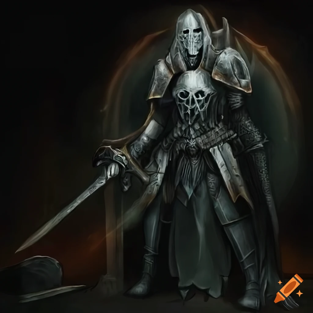 Knight in dark armor holding a sword with purple ember on Craiyon