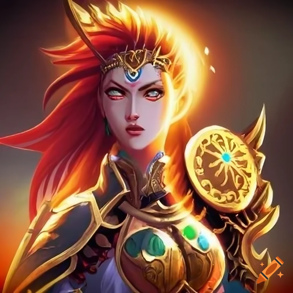 Character design of Solari, a warrior with a flaming sword on Craiyon