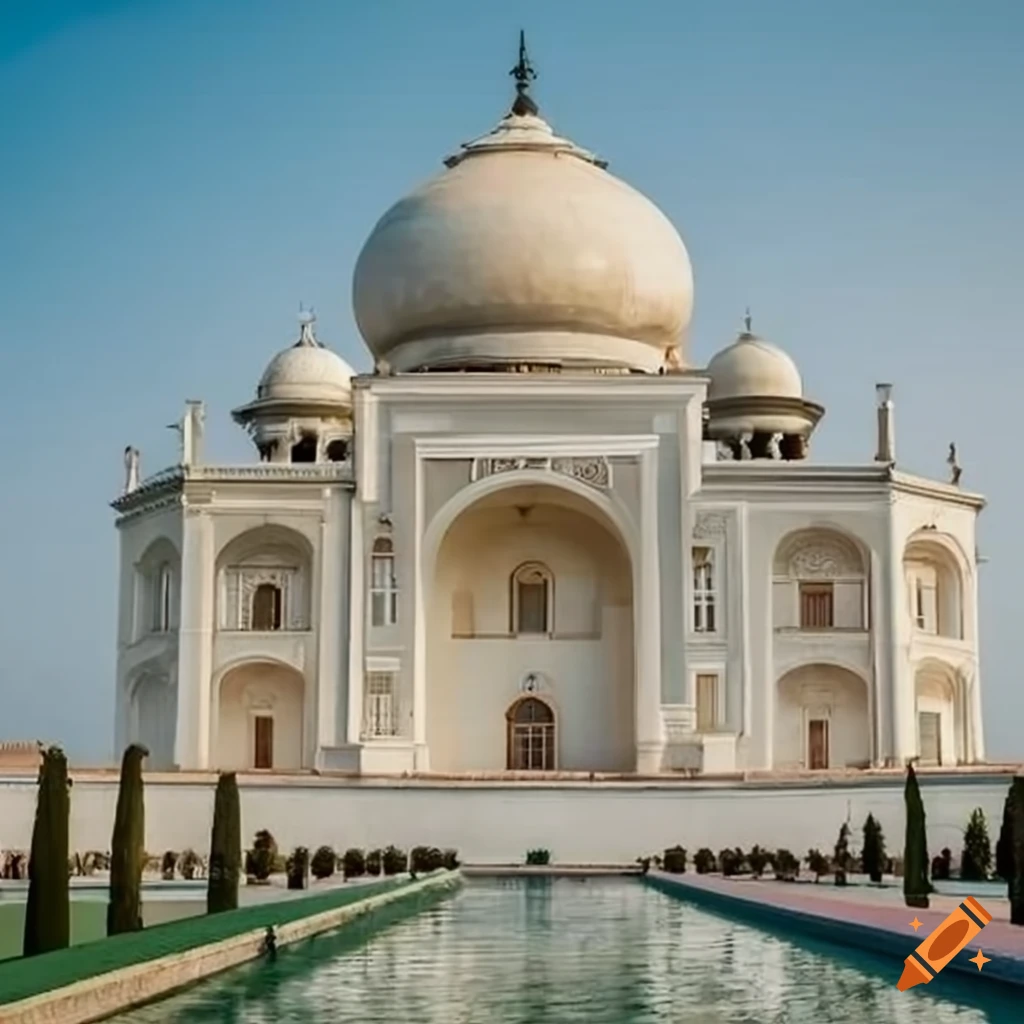 Front view of mahal white house in mediterranean architectural style on ...