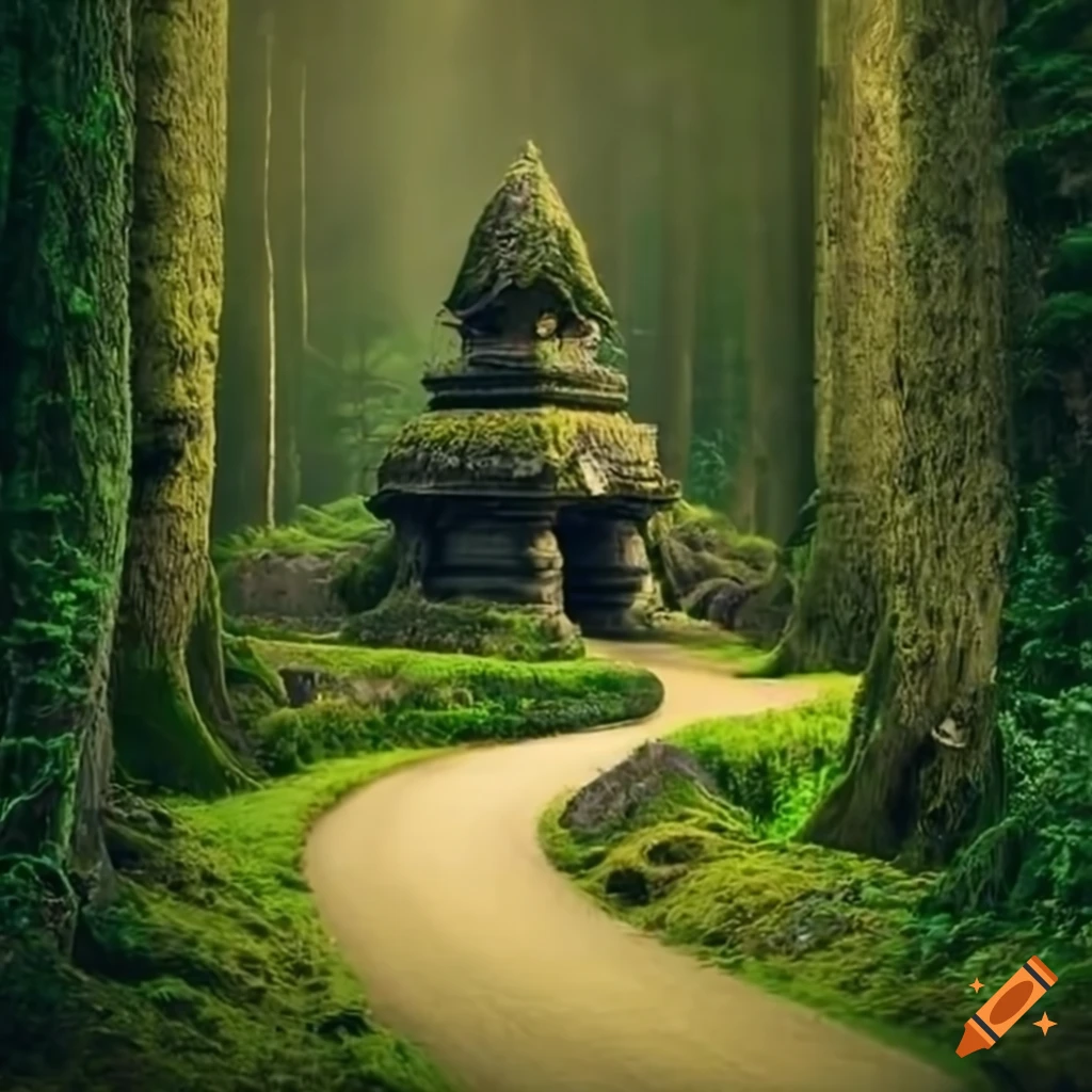 Chinese temple in an enchanted forest surrounded by lush greenery ...