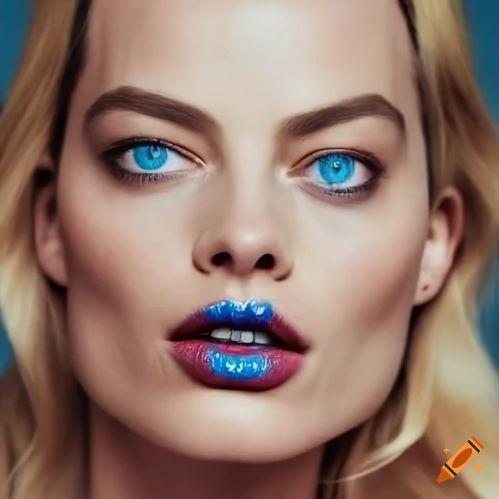Portrait of margot robbie with blue catlike eyes on Craiyon