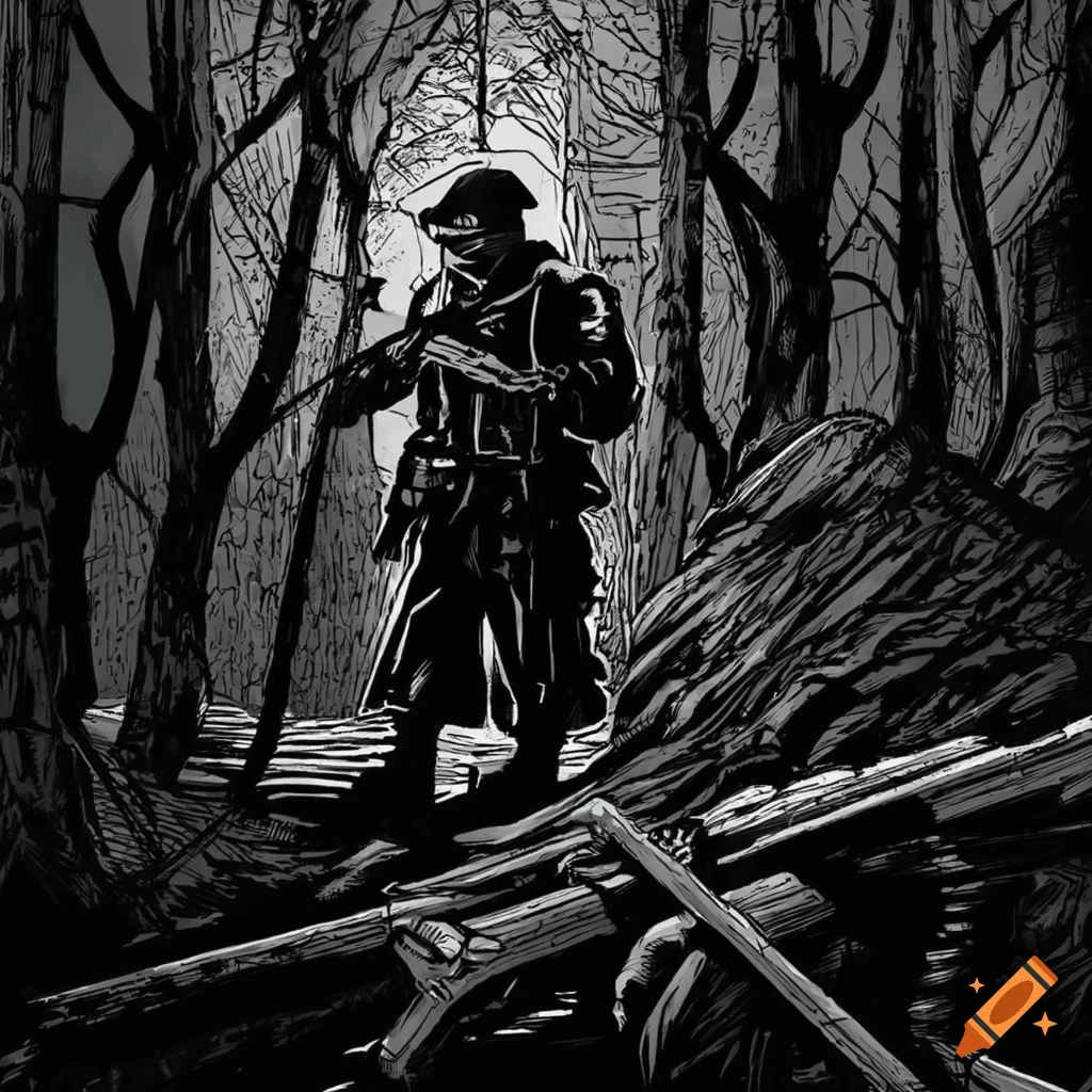 Black and white comic art of a french resistance fighter in a forest on ...
