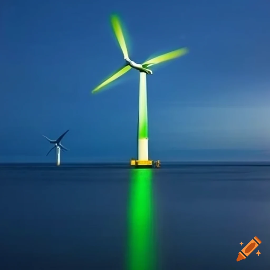 Offshore wind turbine illuminated by blue and green lights on Craiyon