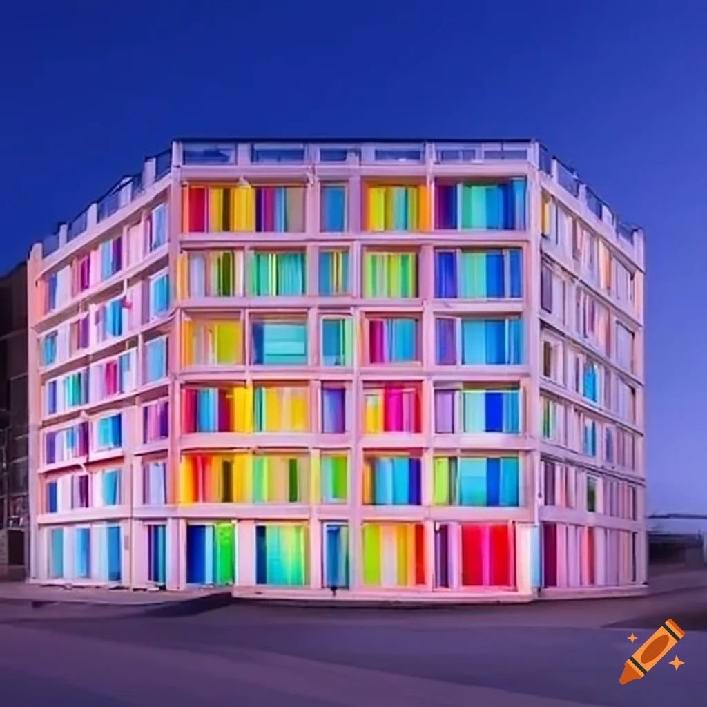Colorful windows of a modern white building on Craiyon