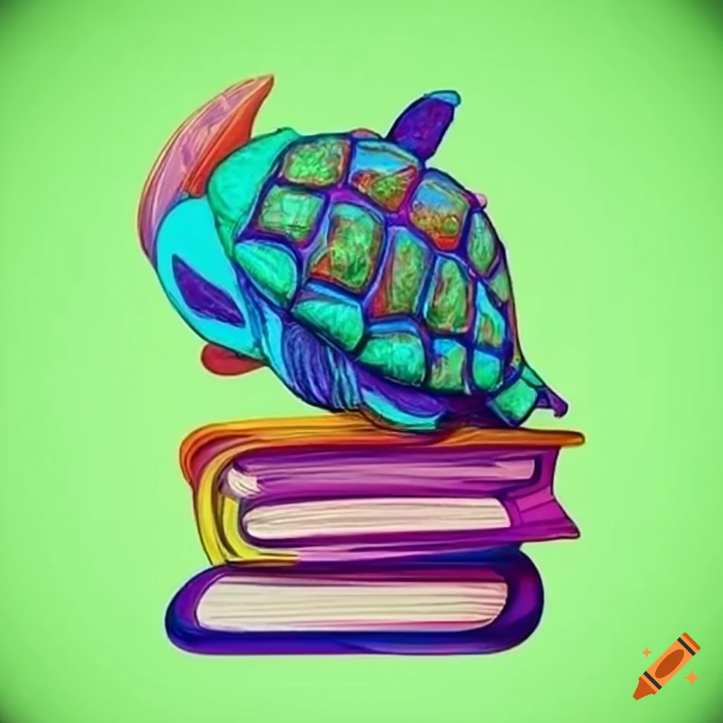 Adorable turtle reading a book