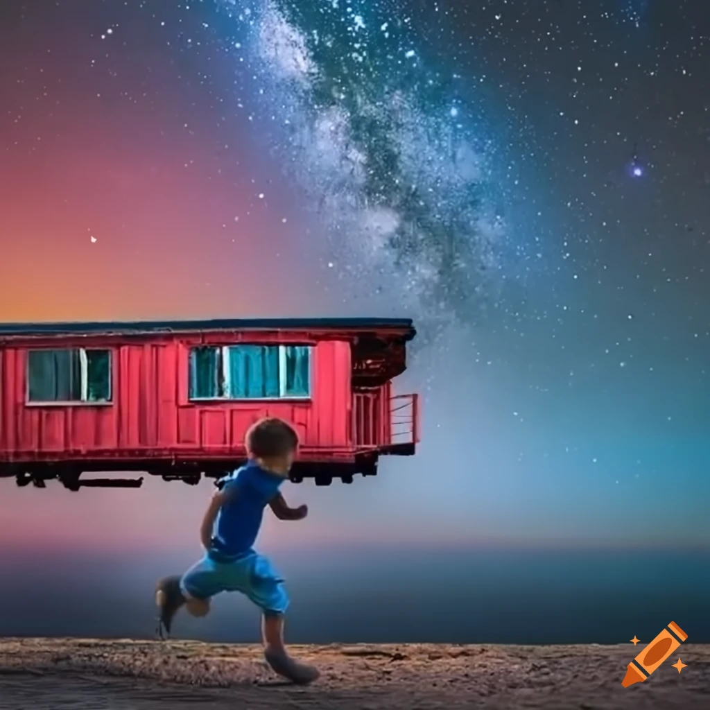 Photo of a boy running with red caboose under starry night