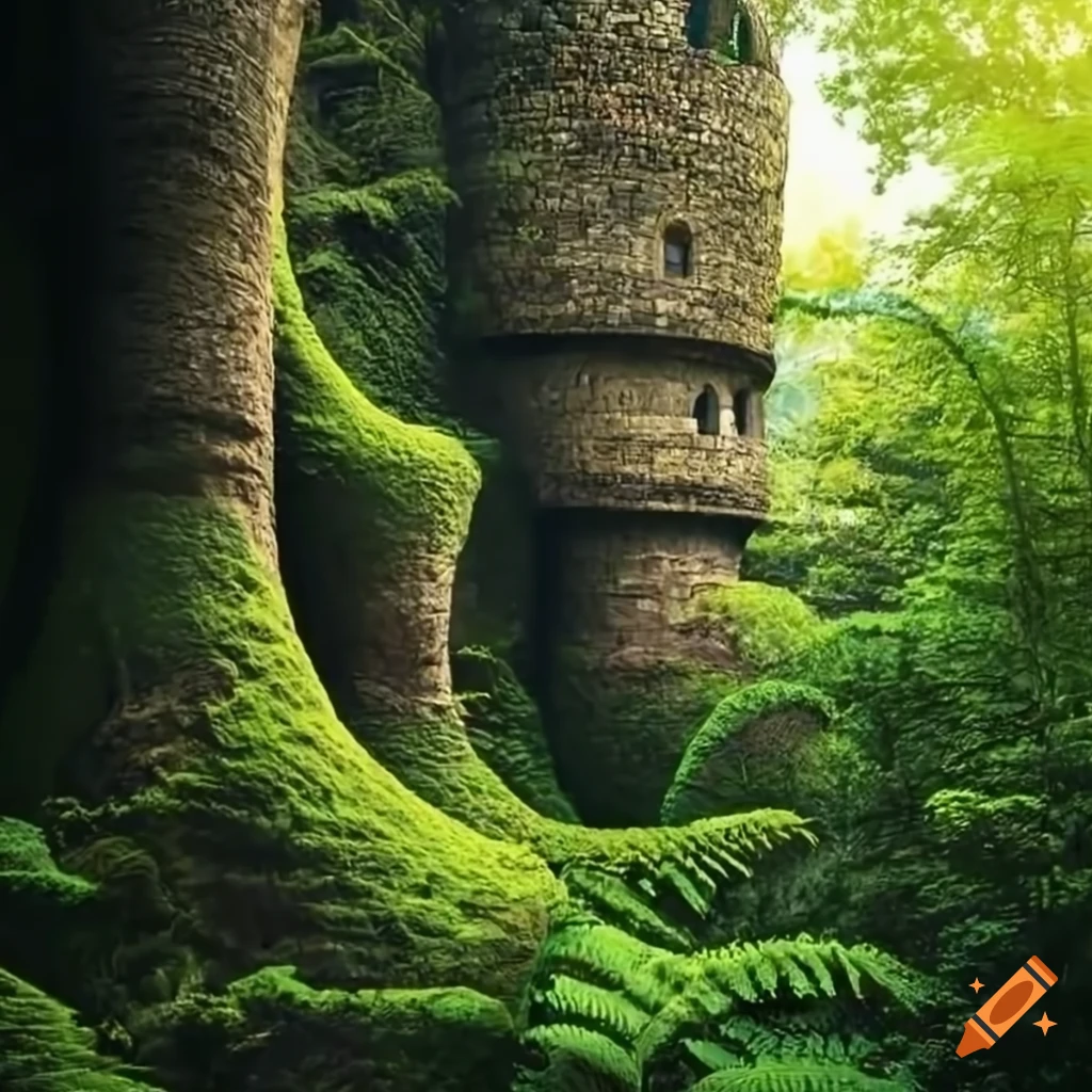 Medieval towers and walls on a cliff in a forest on Craiyon