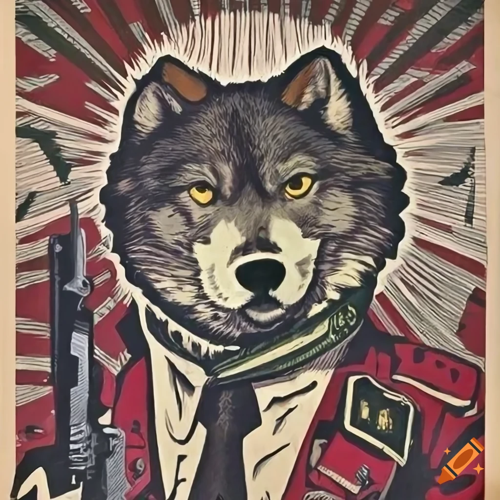Vintage propaganda poster with a wolf in uniform on Craiyon