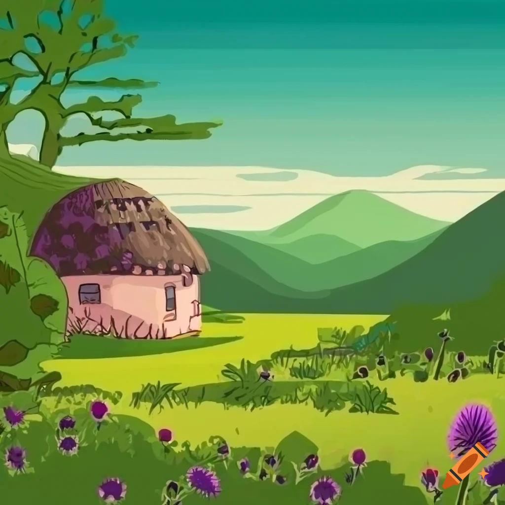 Cartoon illustration of a scottish highland glen with blooming thistles ...