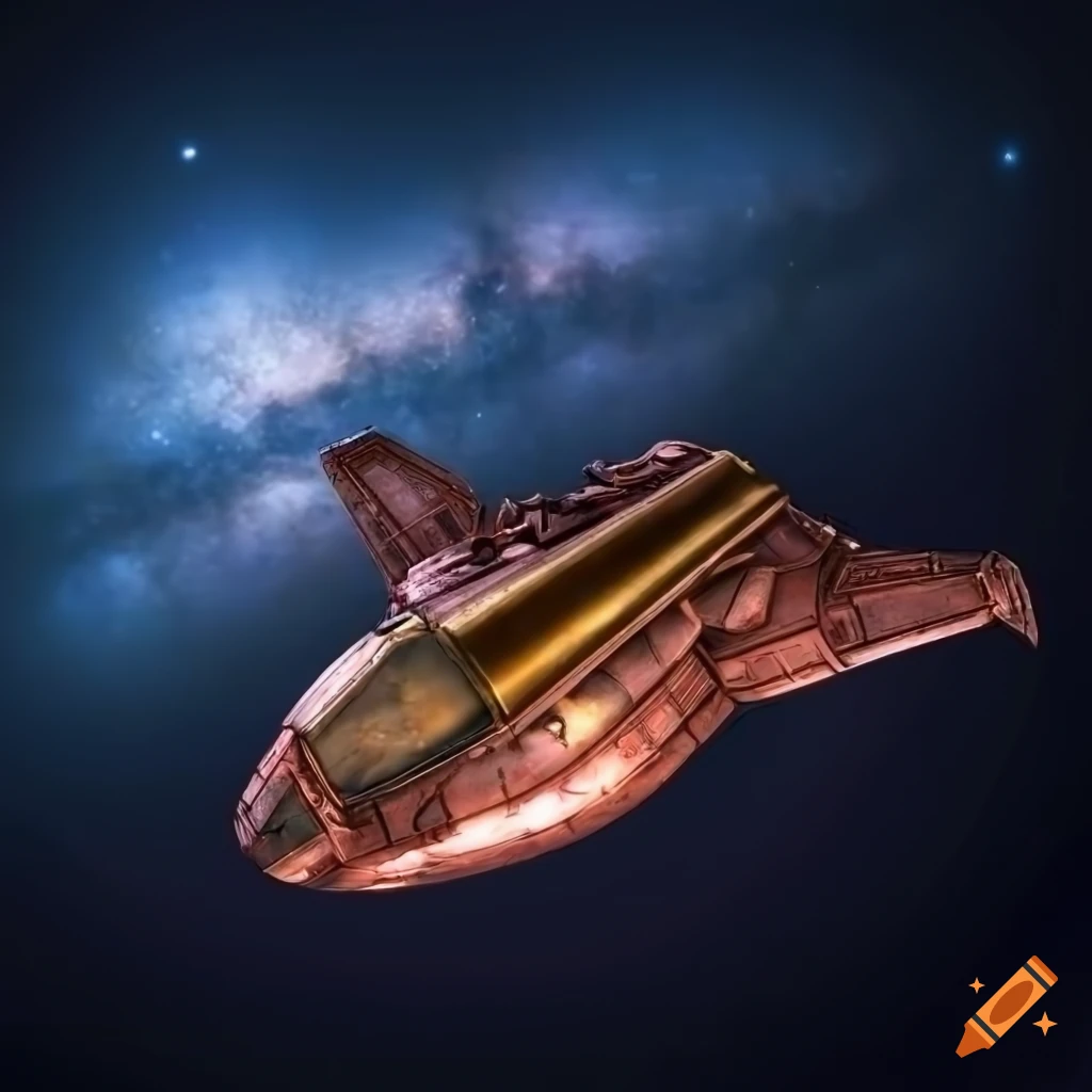 Detailed solar punk ship flying vessel with rocket engines, stars, and ...