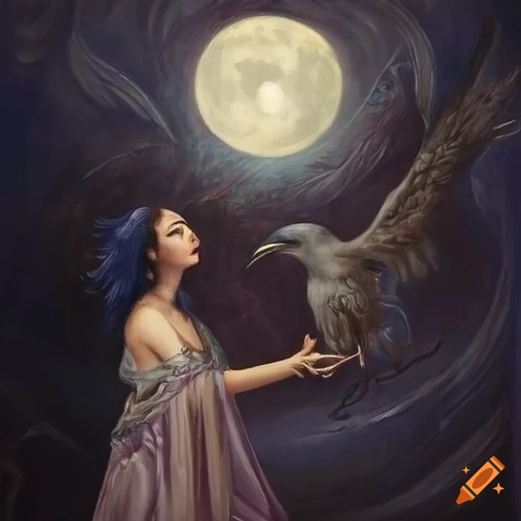 Artwork of a woman with a raven under moonlight