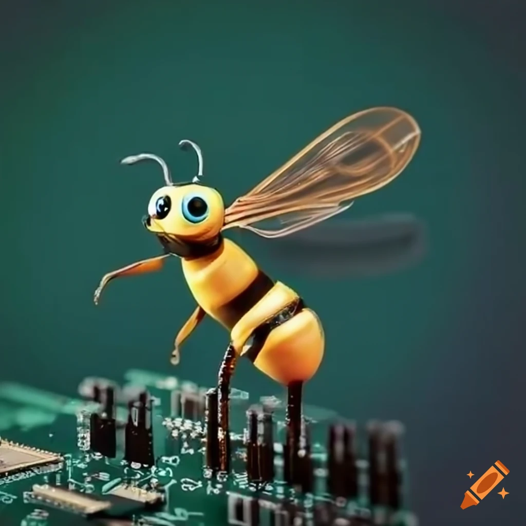 Robotic bee on a detailed circuit board on Craiyon