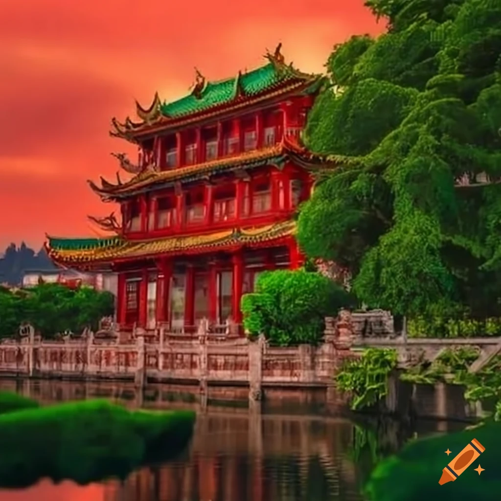 Red pagoda building with green hedges in harbor town on Craiyon