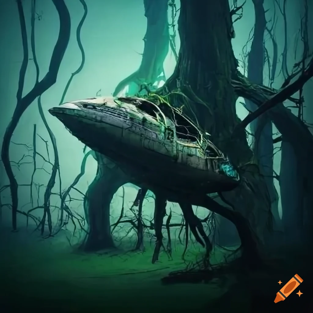 Silver spaceship covered in tree vines on Craiyon