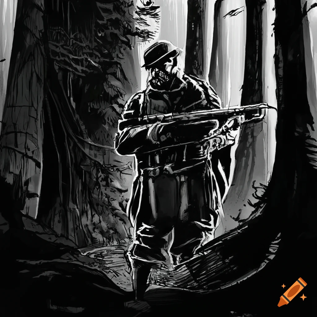Comic book artwork of a french resistance fighter in a forest on Craiyon
