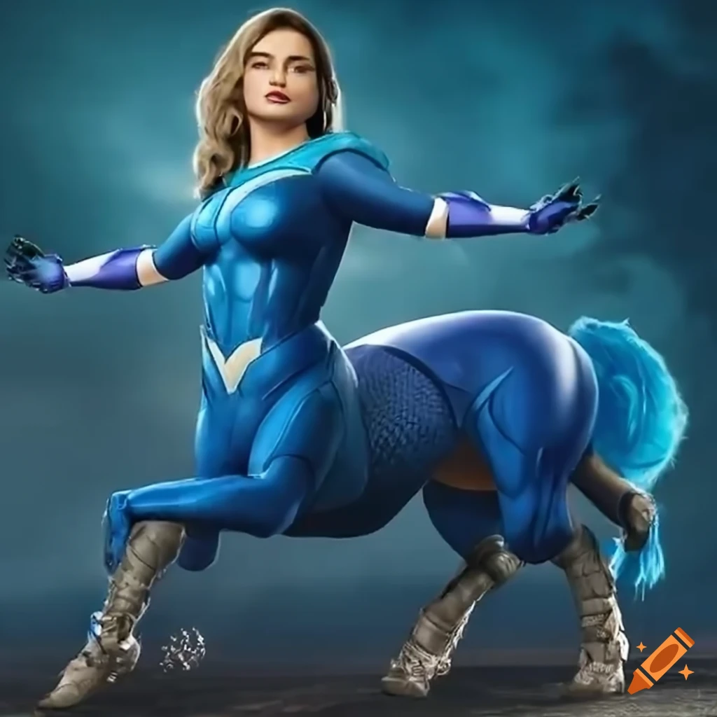 Photorealistic artwork of Emilia Clarke as a blue Centaur superhero on ...