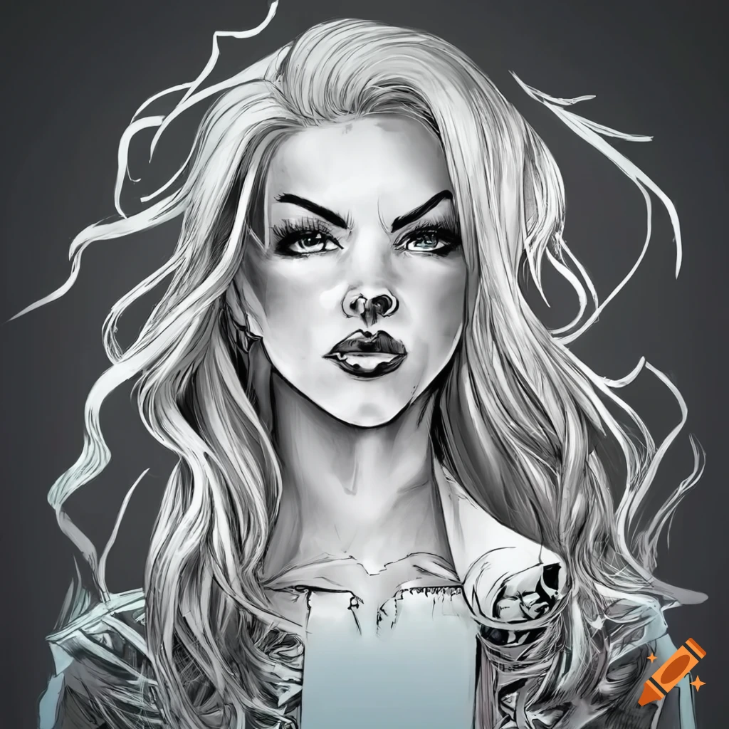 Comic book art of a blond woman in white collar shirt on Craiyon