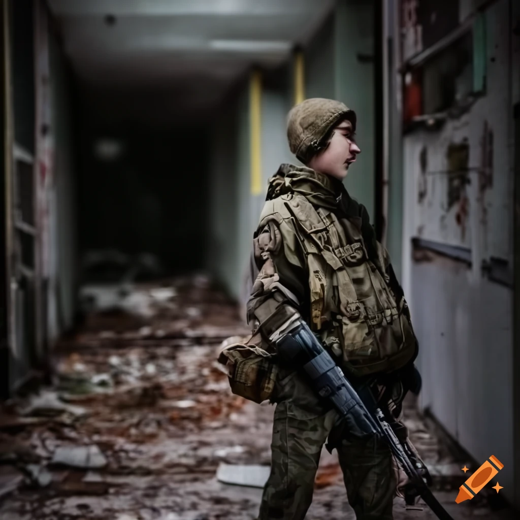 Closeup of a teenager with a rifle in an empty supermarket on Craiyon