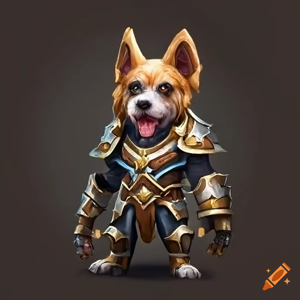 Small dog wearing warcraft armor on Craiyon