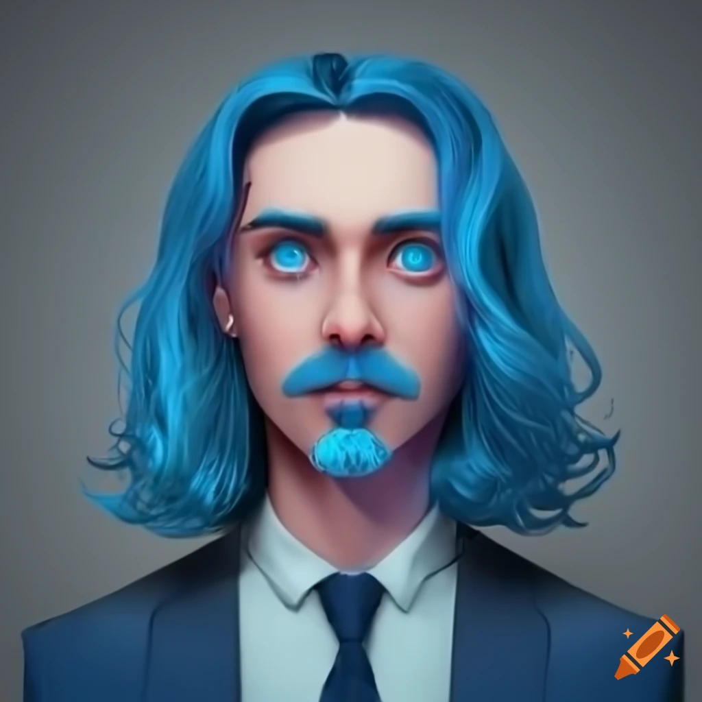 3D rendering of an elegant blue-haired man on Craiyon