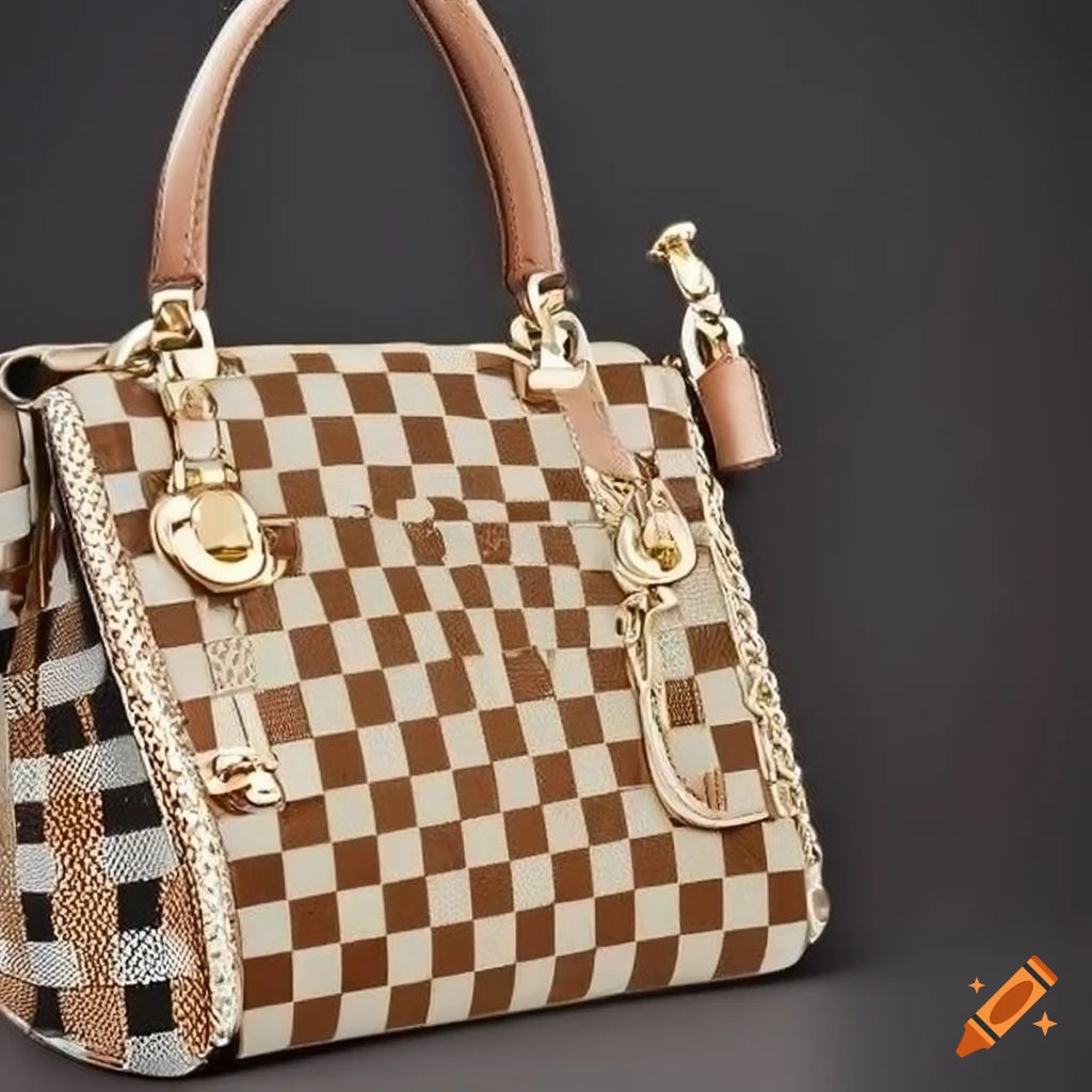 Elegant checkerboard pattern handbag in beige and gold on Craiyon
