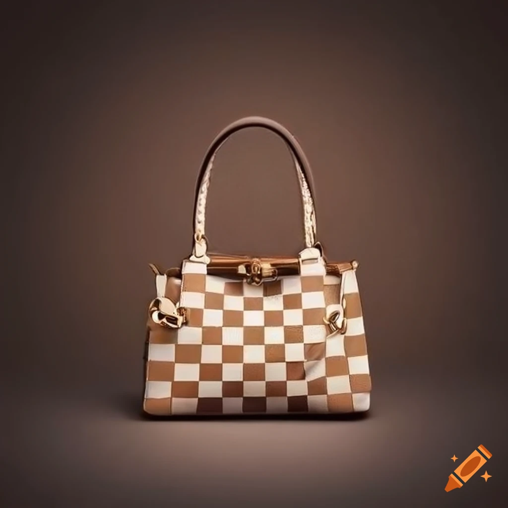 Elegant checkerboard pattern handbag in beige and camel