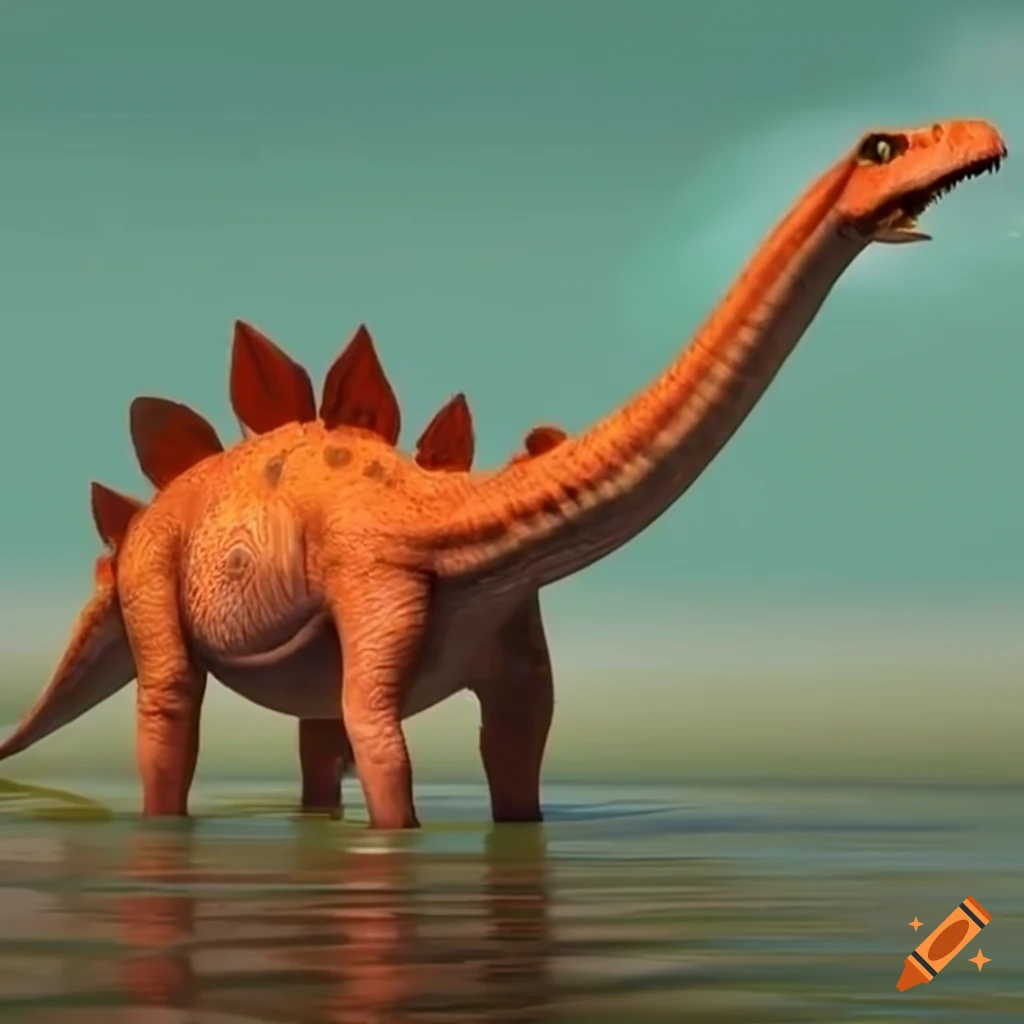 Image of a giant orange stegosaurus in a swamp on Craiyon
