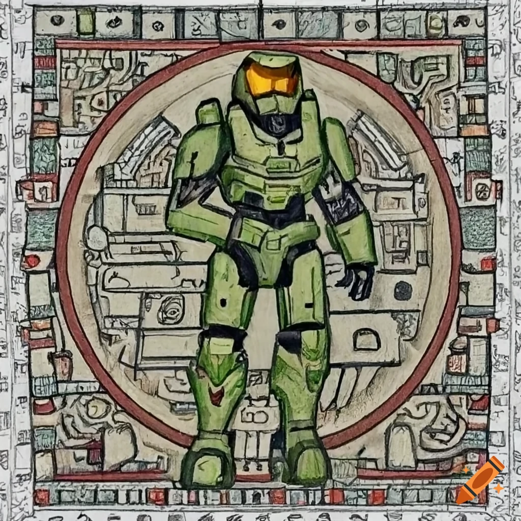 Aztec codex-style drawing of master chief on Craiyon