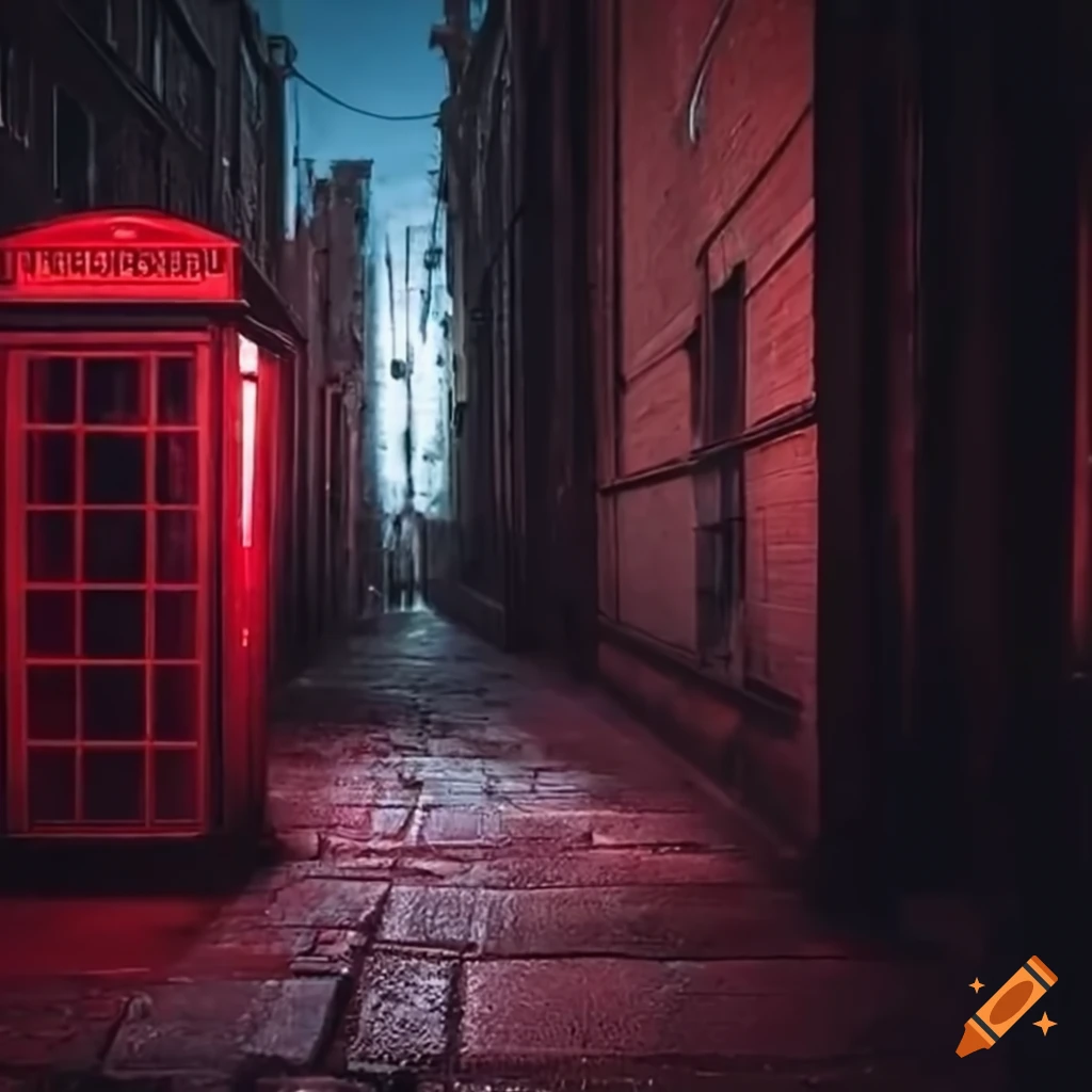 Red-lit alley with a telephone booth