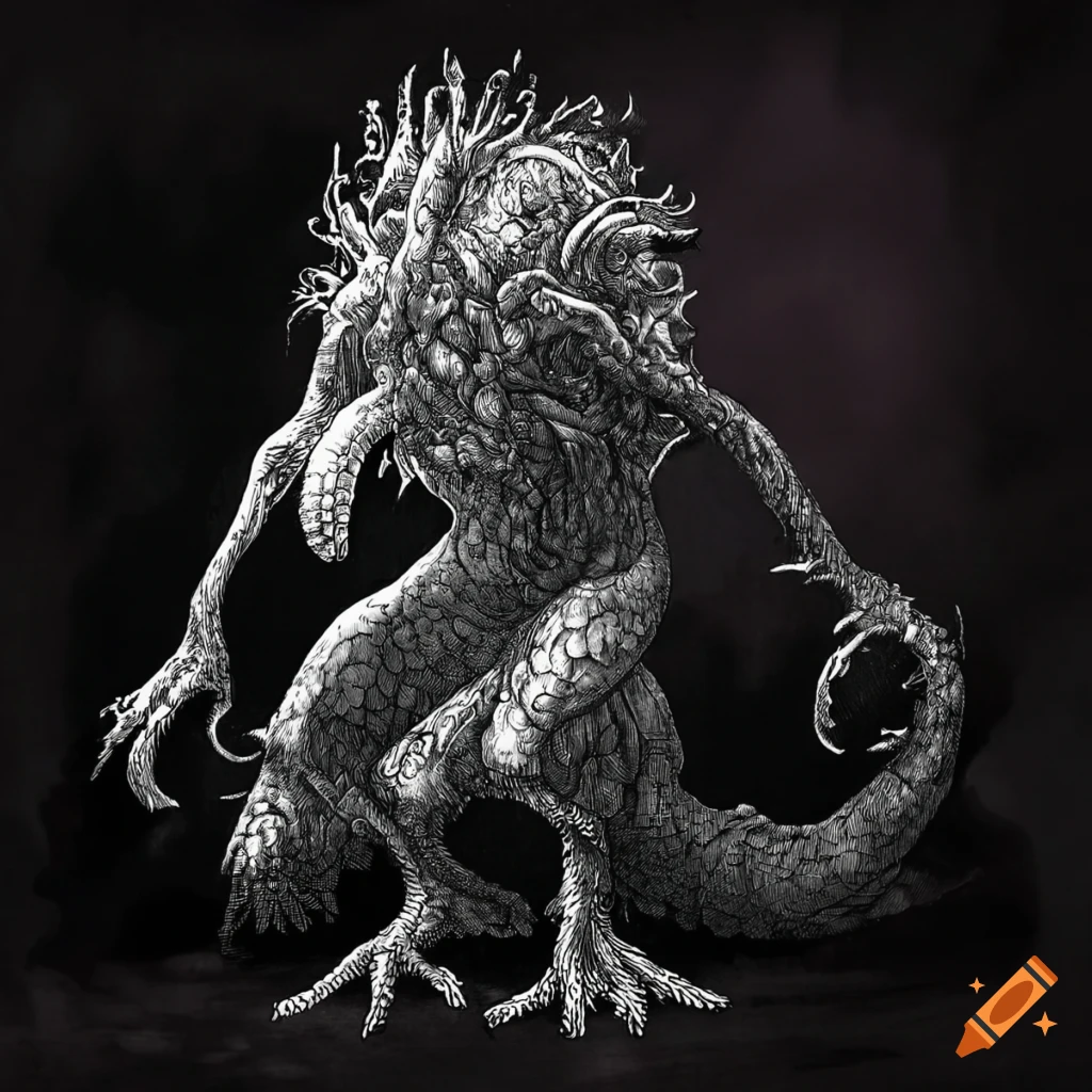 Detailed etching of a Lovecraftian chicken monster on Craiyon