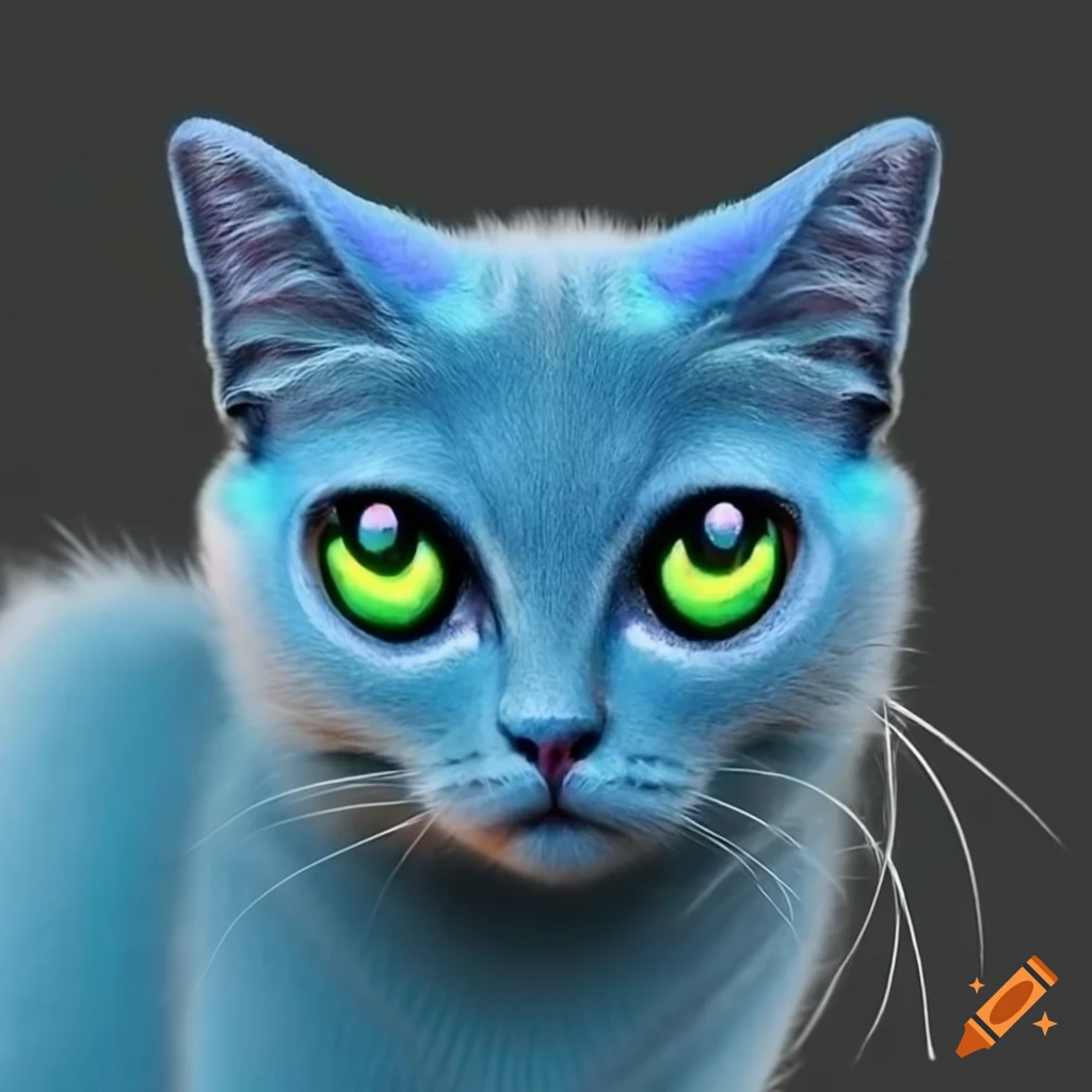 Detailed blue alien cat with opal-like eyes
