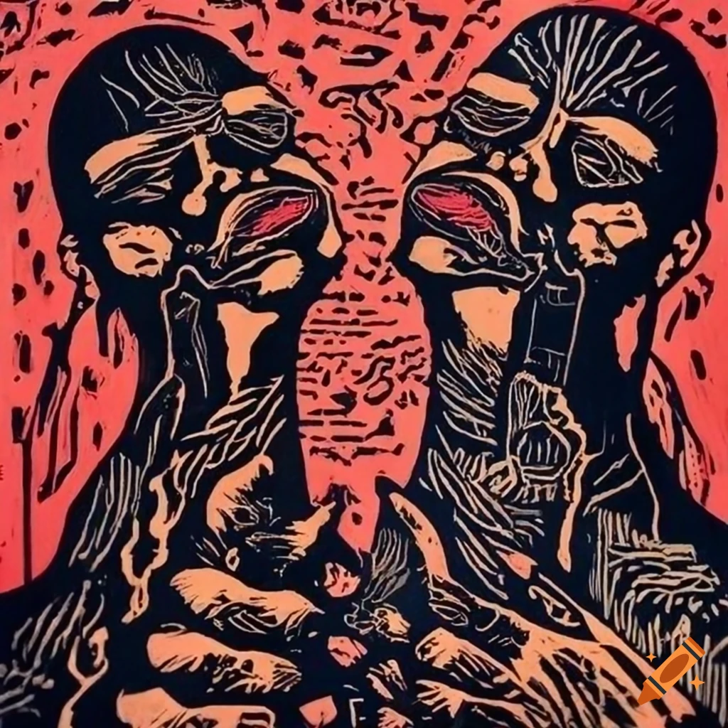 Linocut print with religious theme on Craiyon