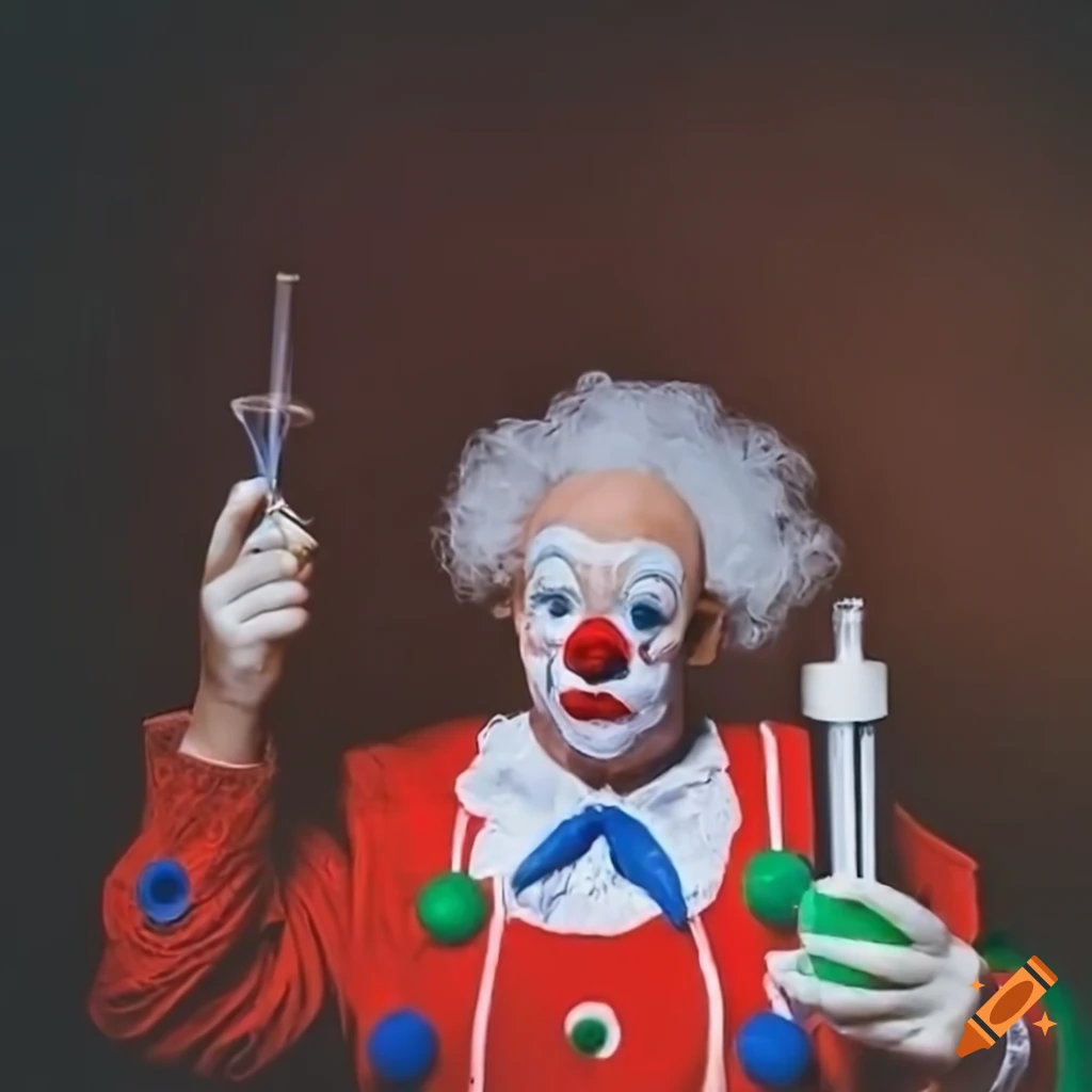Vintage scientist clown with test-tubes and jars of goop on Craiyon