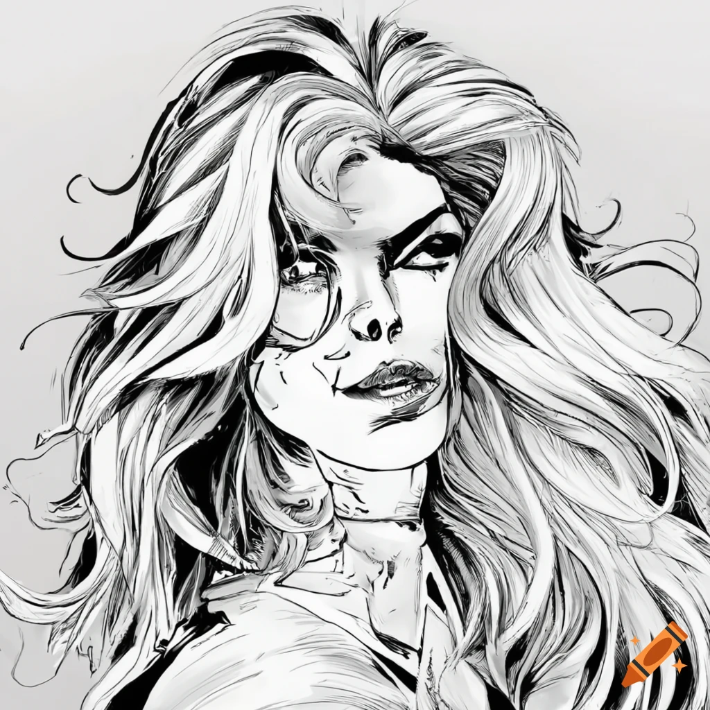 Black and white comic art of a woman with long blond hair
