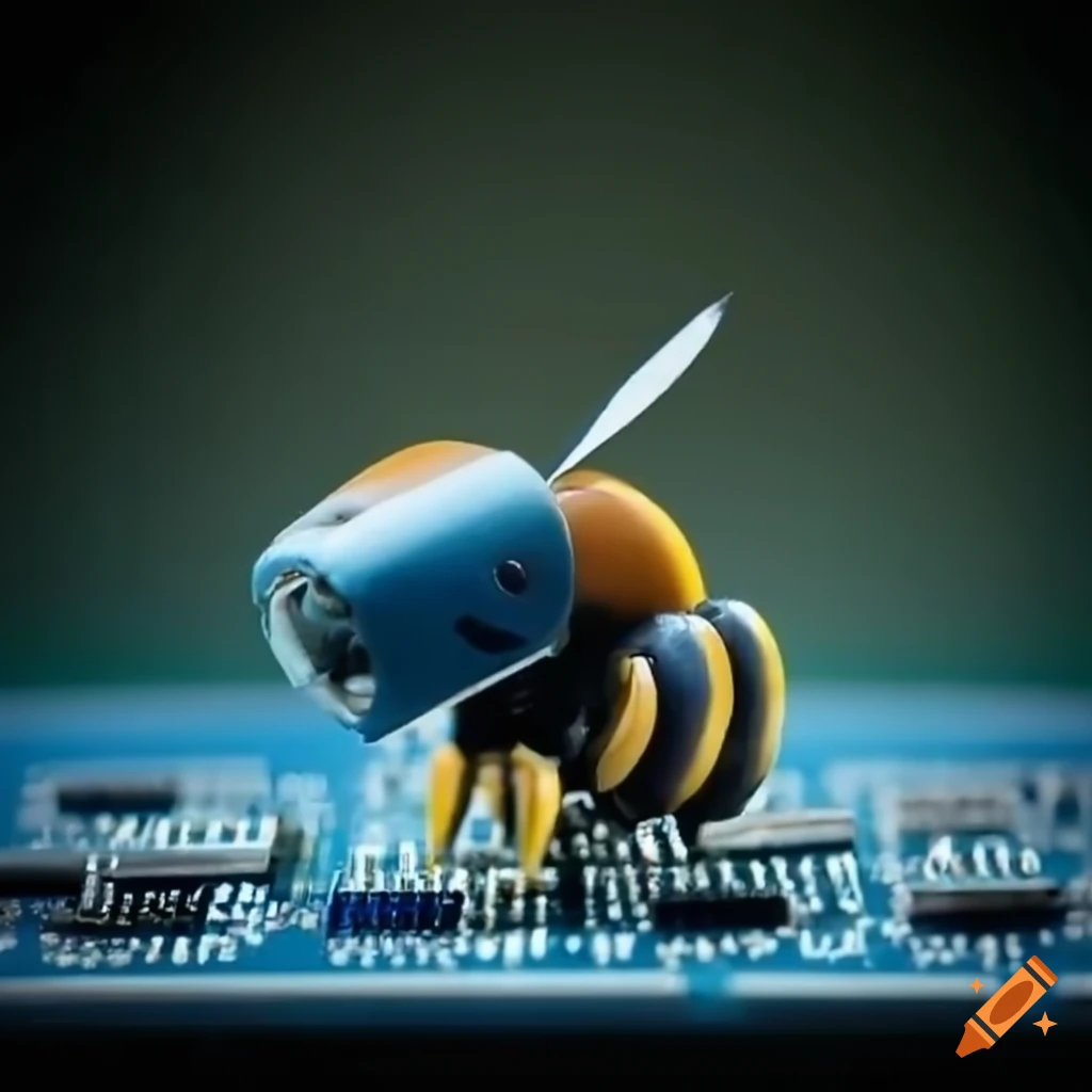Close-up of a robotic bee on a circuit board on Craiyon