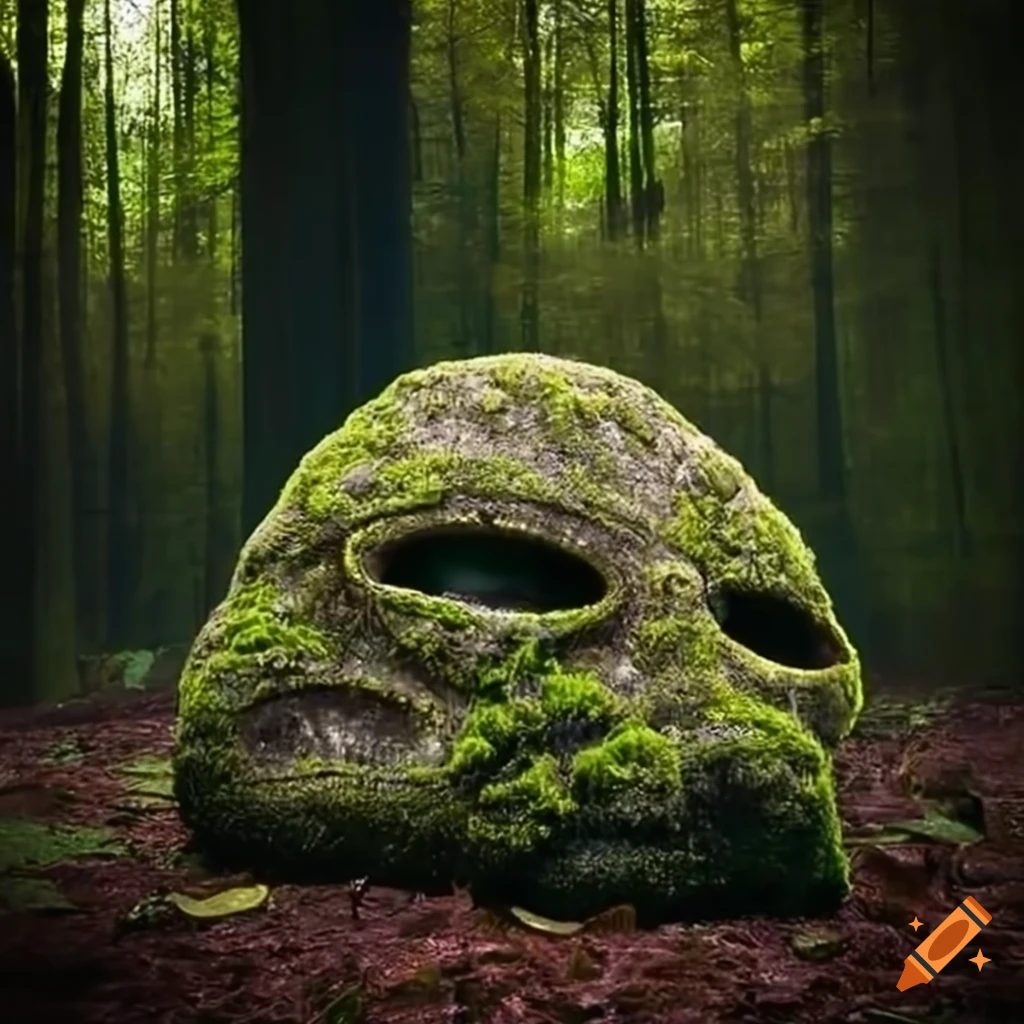 Moss-covered alien spacecraft in the forest