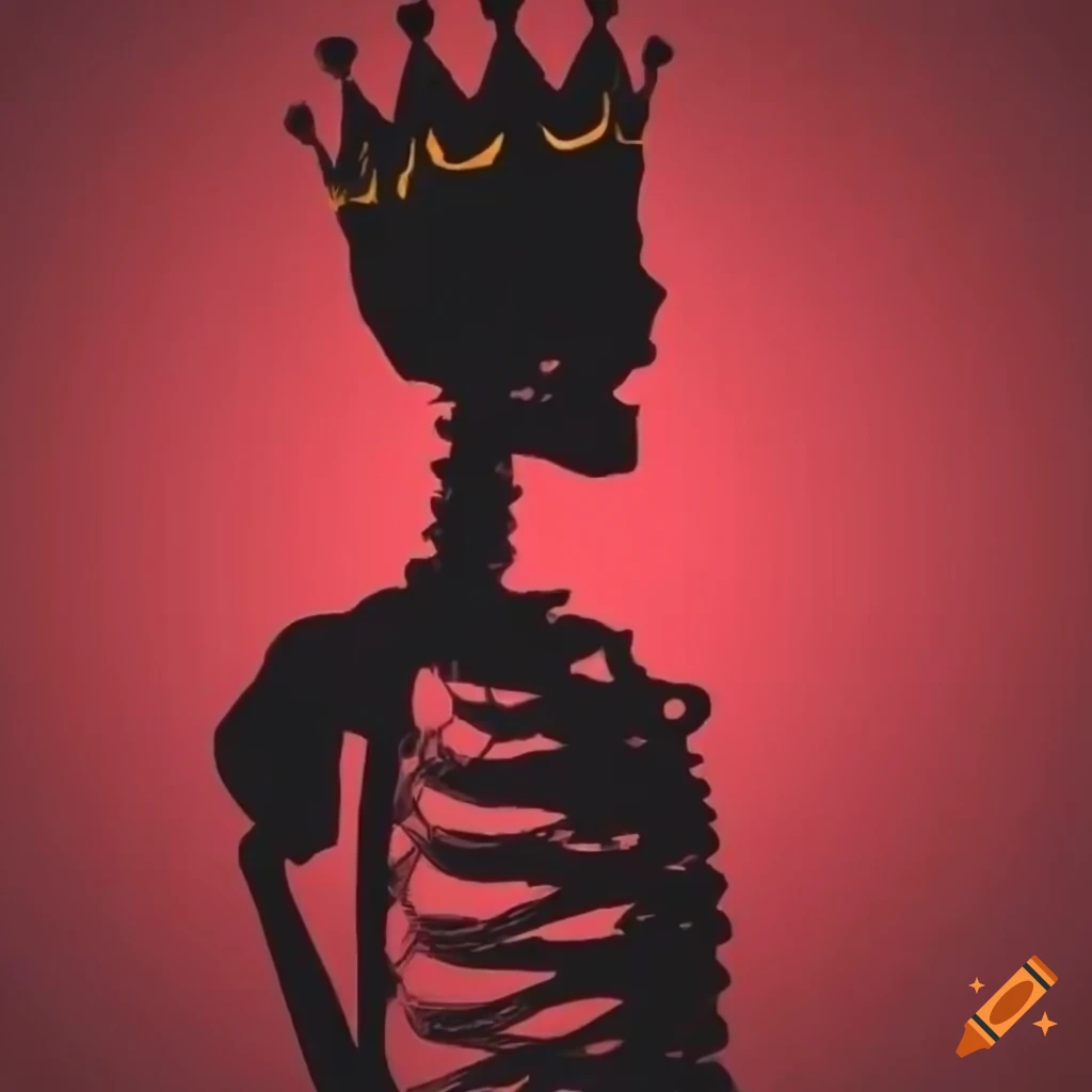 Charcoal artwork of a crowned skeleton in deep contemplation on Craiyon