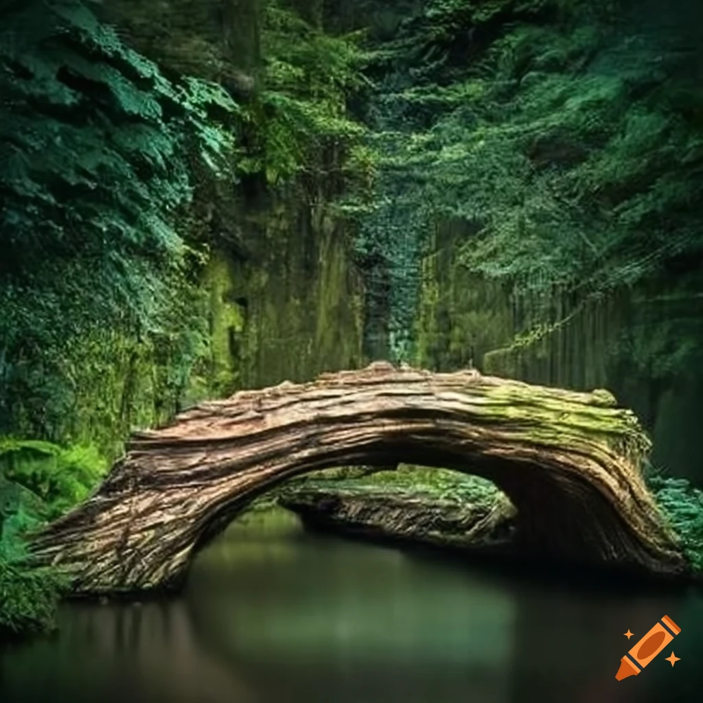 Suspension bridge over a canal covered with plants on Craiyon