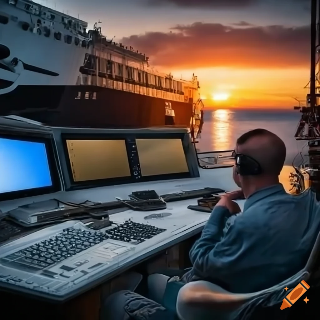 Man working at computer station in marine control centre at sunset on ...